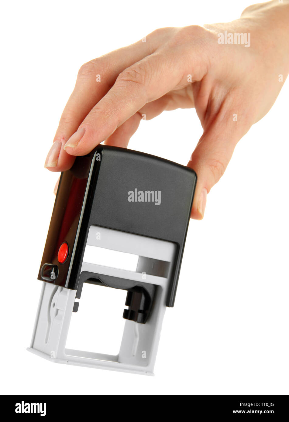 Hand holding stamp isolated on white Stock Photo - Alamy