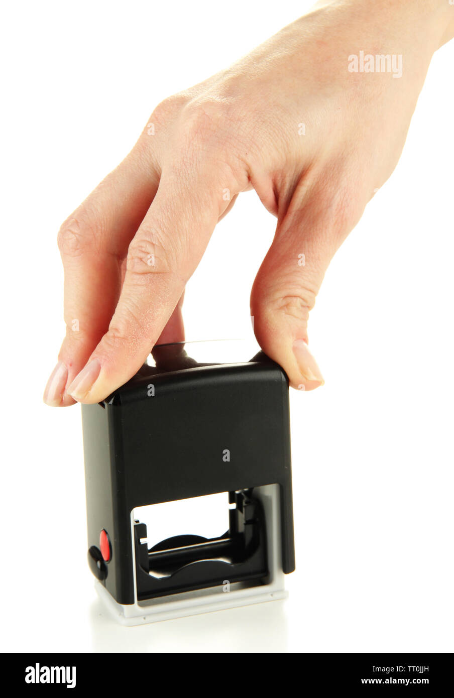 Hand holding stamp isolated on white Stock Photo - Alamy