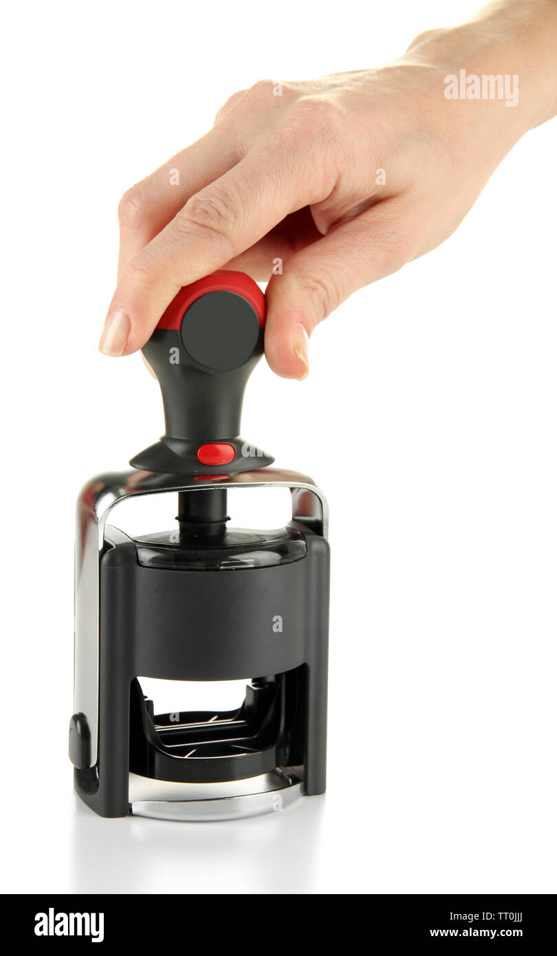 Hand holding stamp isolated on white Stock Photo - Alamy