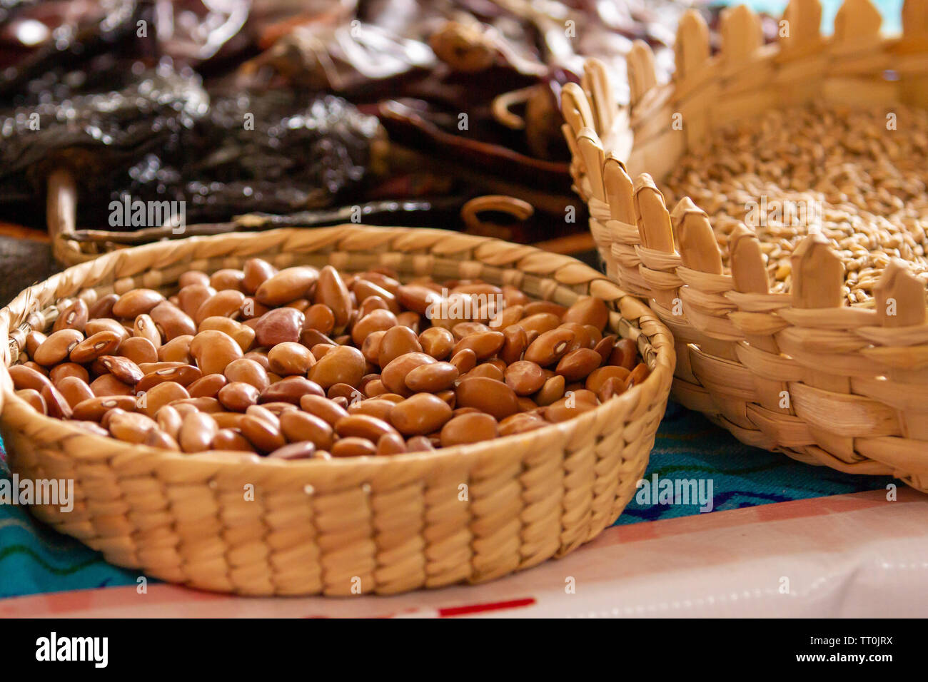 a handmade mexican basket with beans, ingredients in basic mexican diet ...