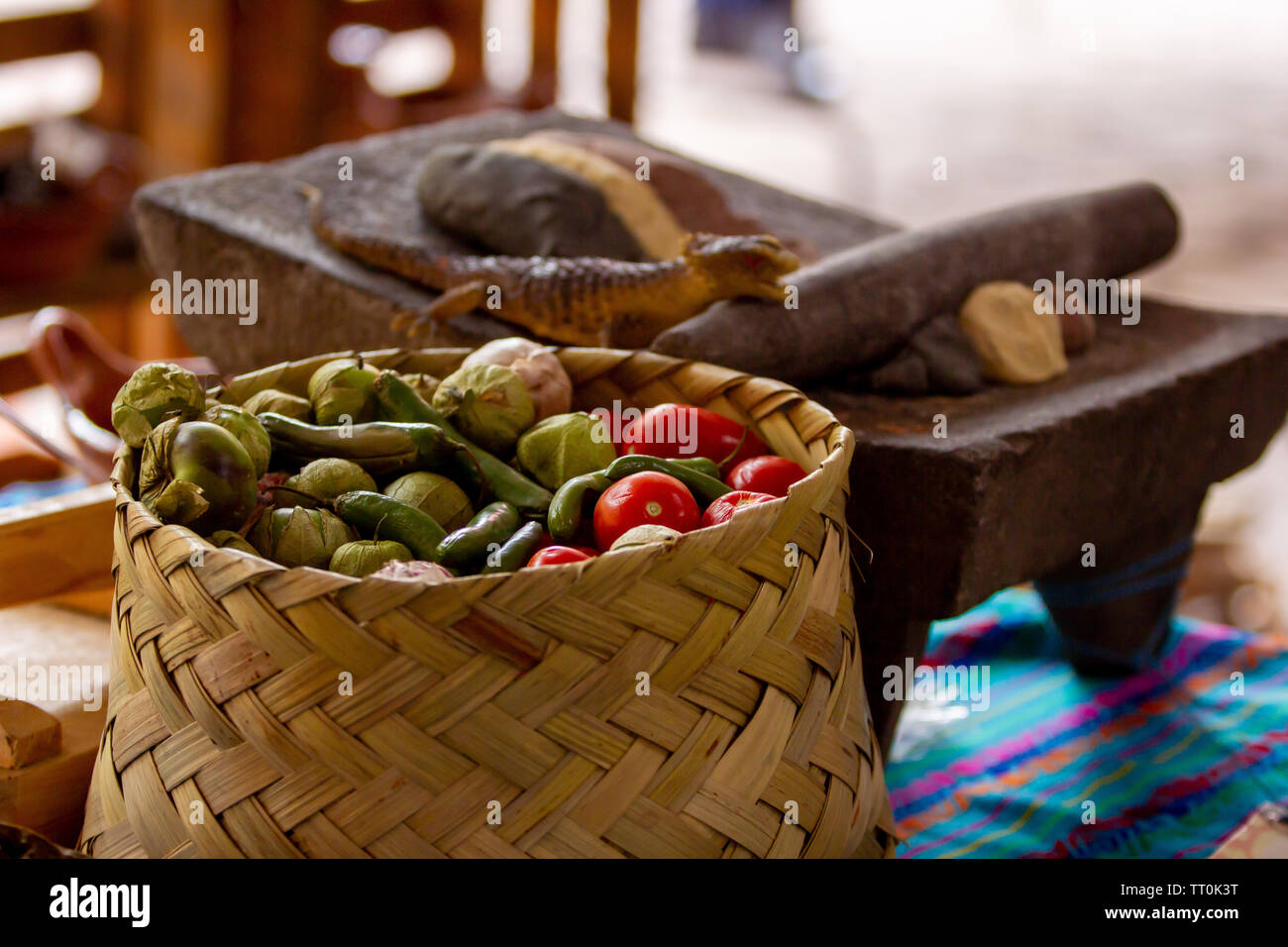 a mexican handmade basket with green tomato, chila and several ...