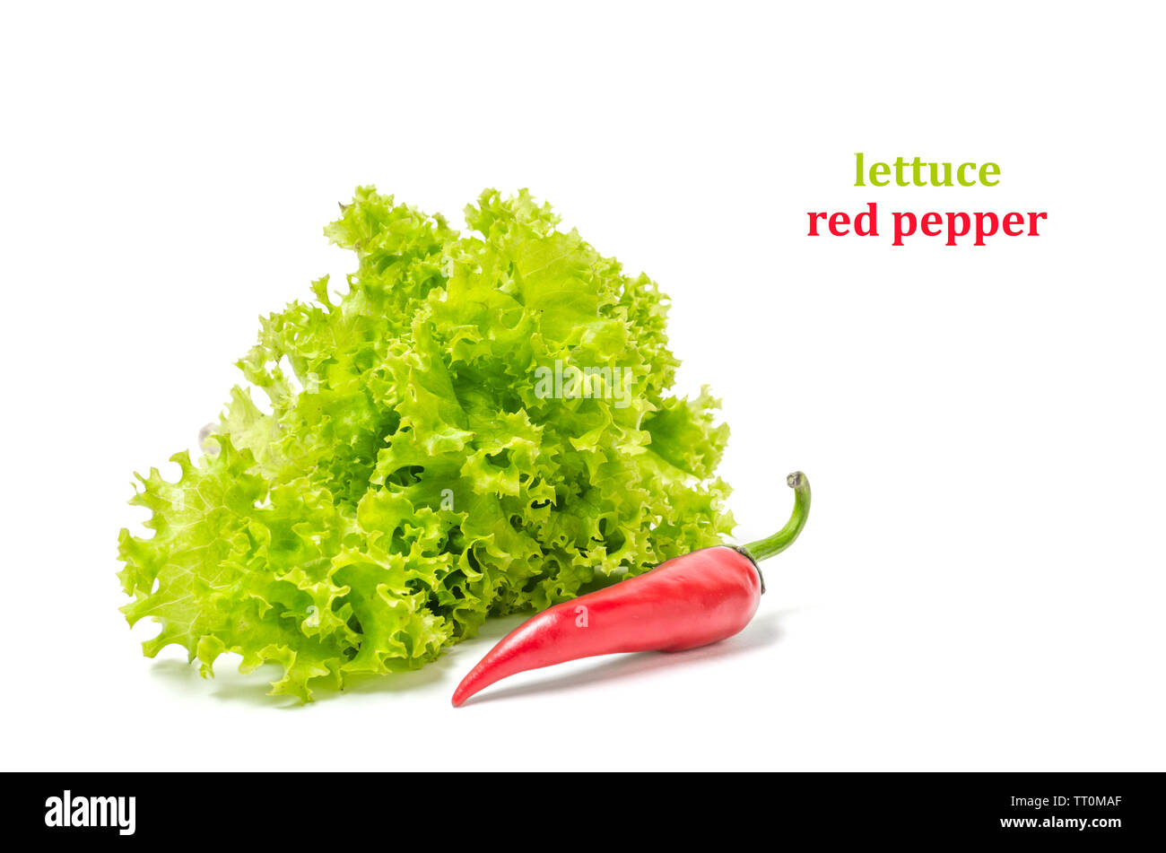 Bunch of green lettuce and red pepper on white background,vegetable ...