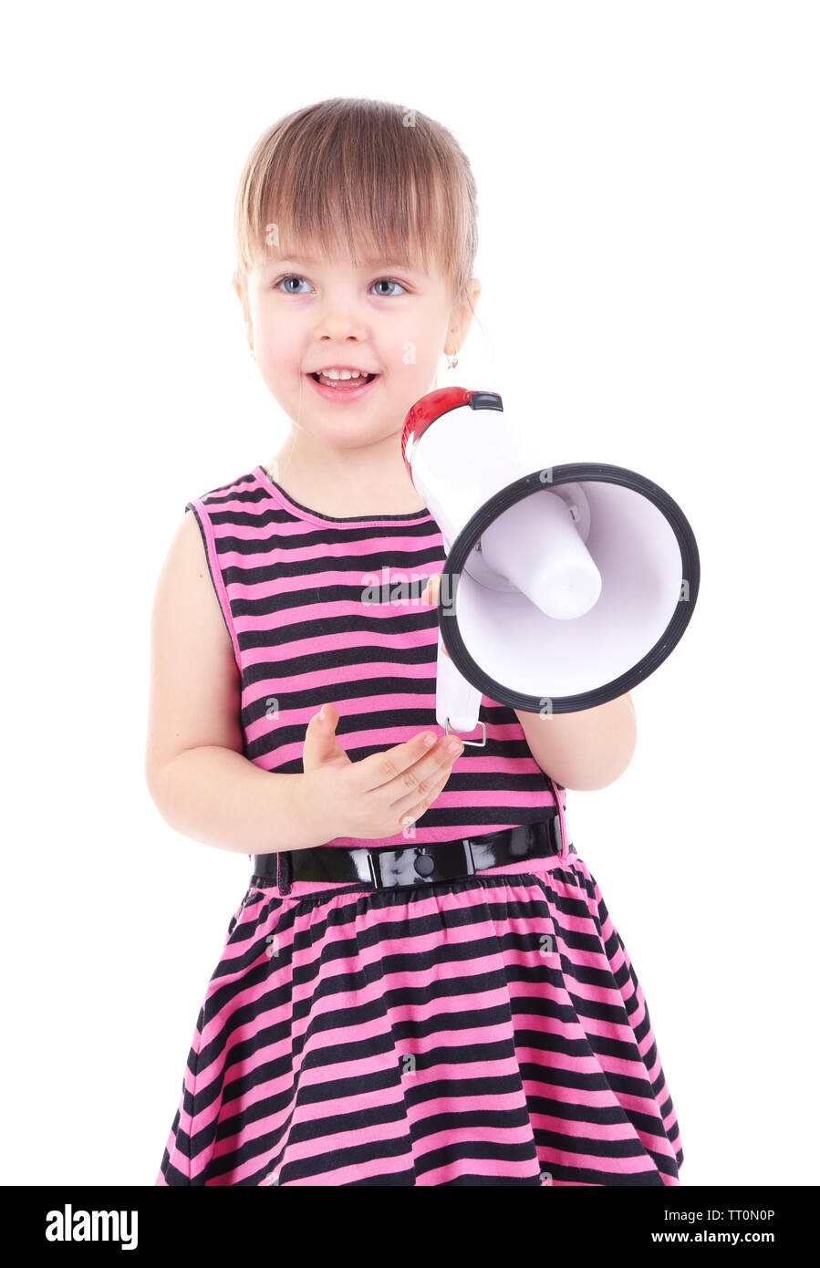 Beautiful little girl holding bullhorn isolated on white Stock Photo ...