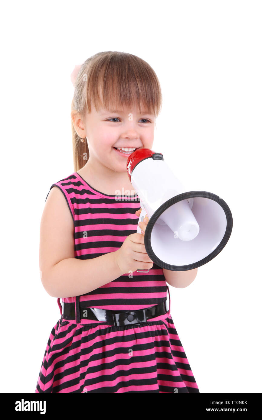 Beautiful little girl holding bullhorn isolated on white Stock Photo ...