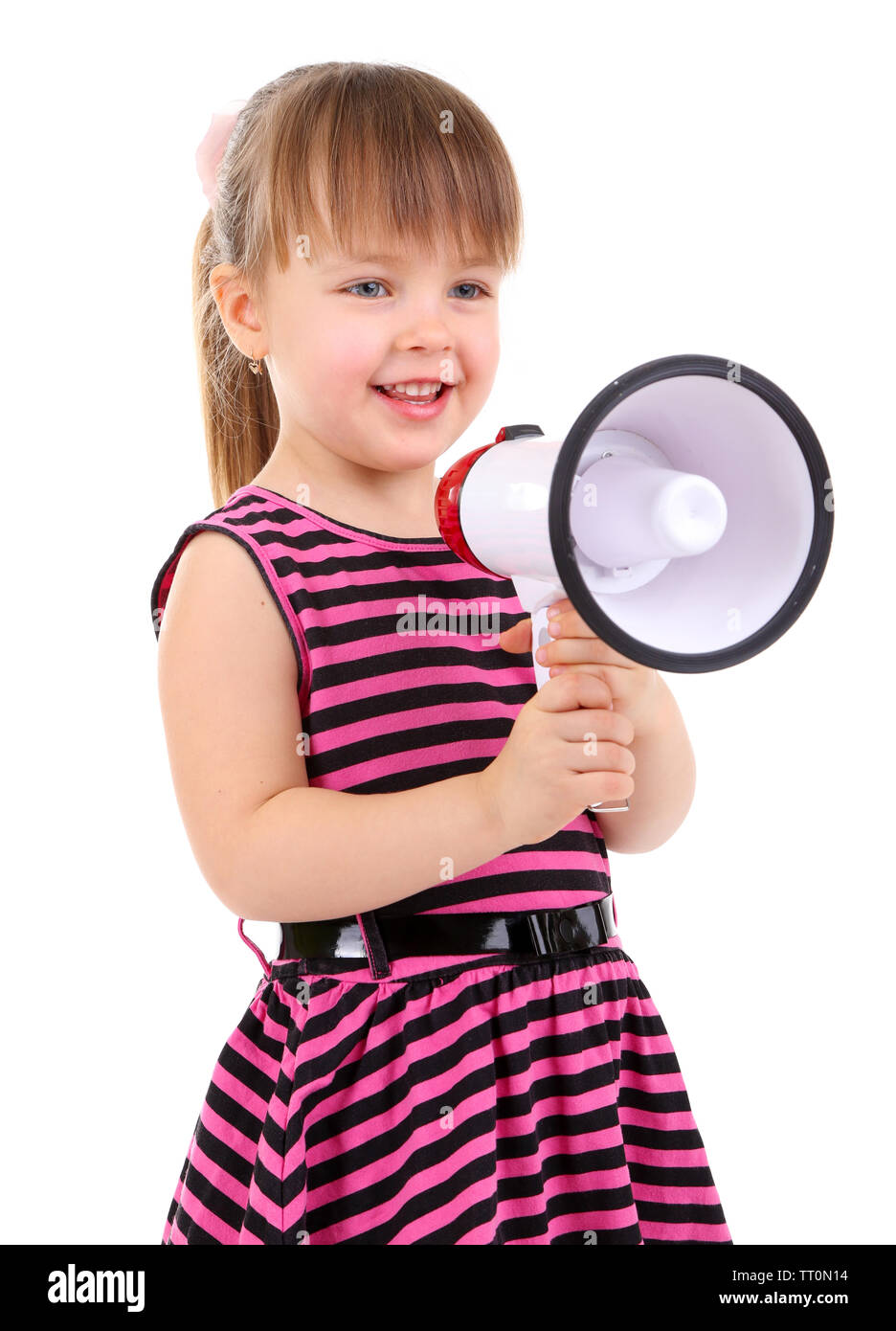 Beautiful little girl holding bullhorn isolated on white Stock Photo ...