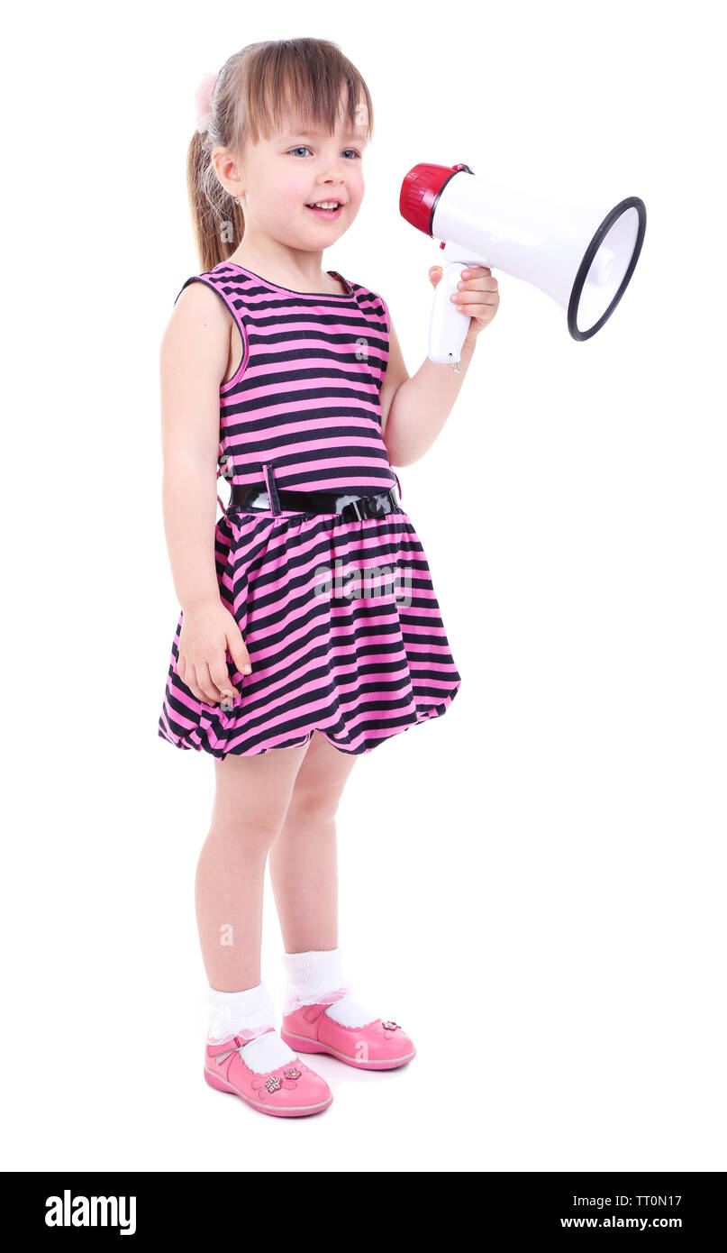 Beautiful little girl holding bullhorn isolated on white Stock Photo ...