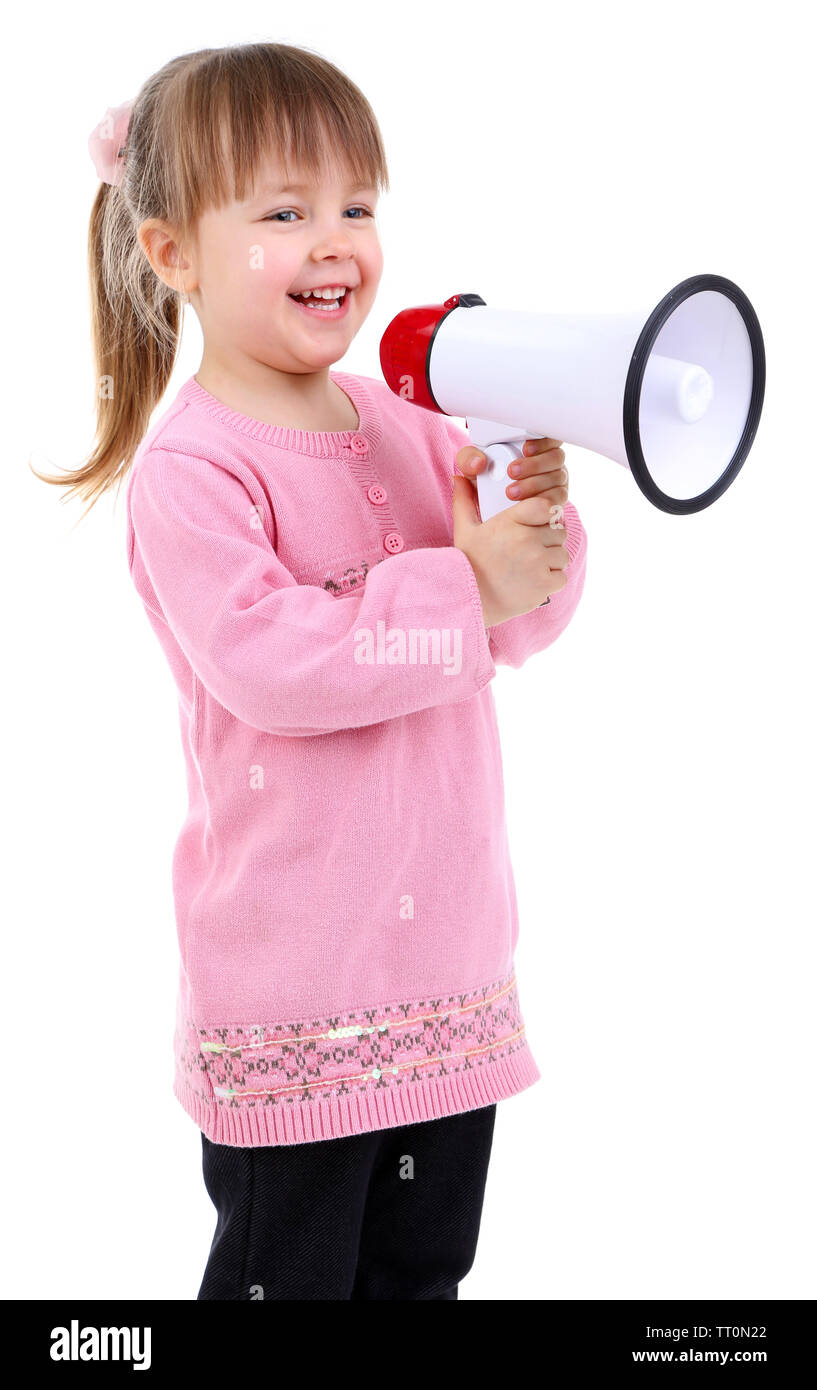 Beautiful little girl holding bullhorn isolated on white Stock Photo ...