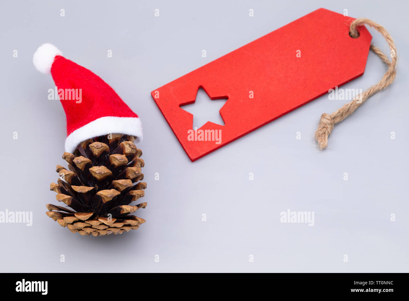 The image shows a pine crone with Santa hats and a red blanc tag ...