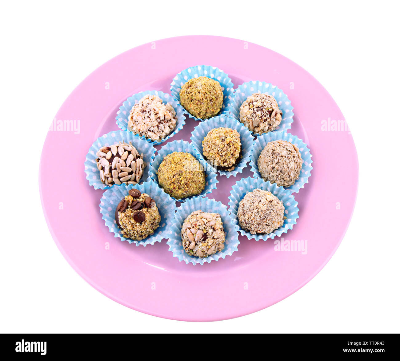 Set of chocolate candies on color plate, isolated on white Stock Photo ...