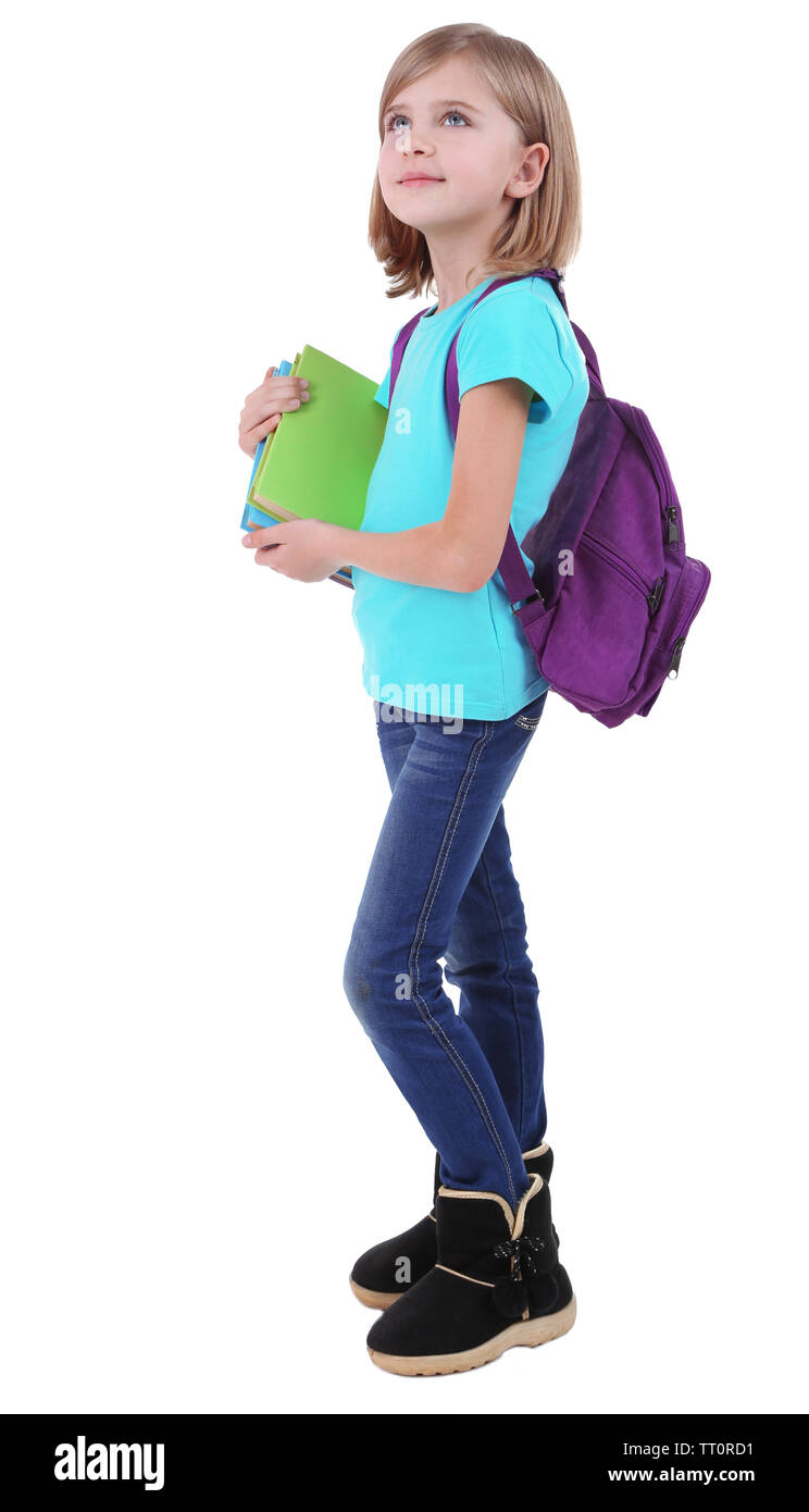 Beautiful little girl with backpack holding books isolated on white ...