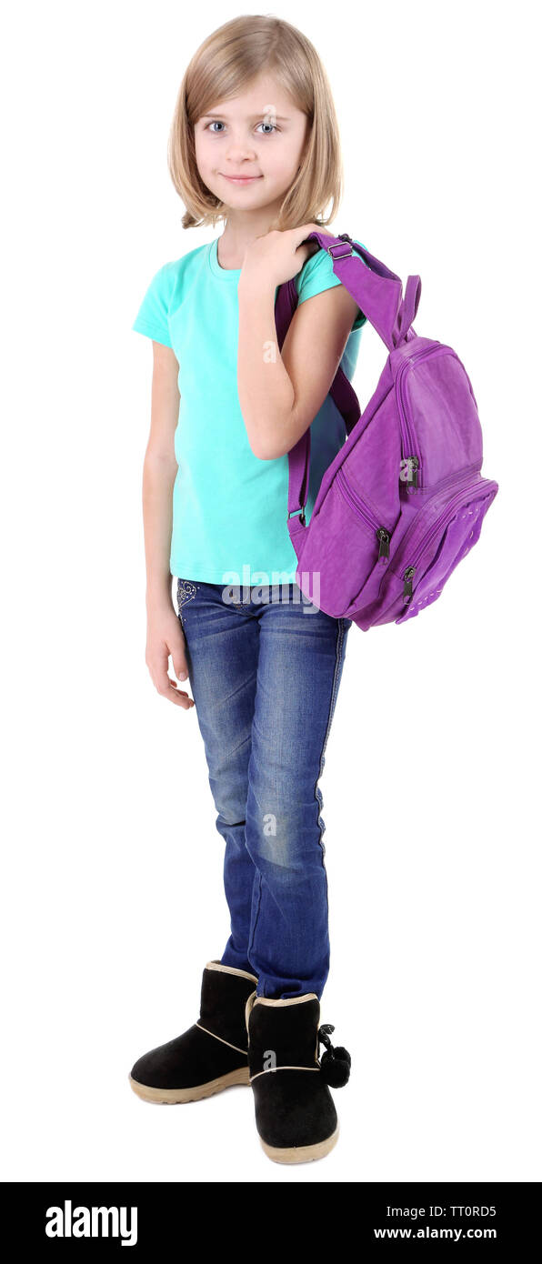 Beautiful little girl holding backpack isolated on white Stock Photo ...