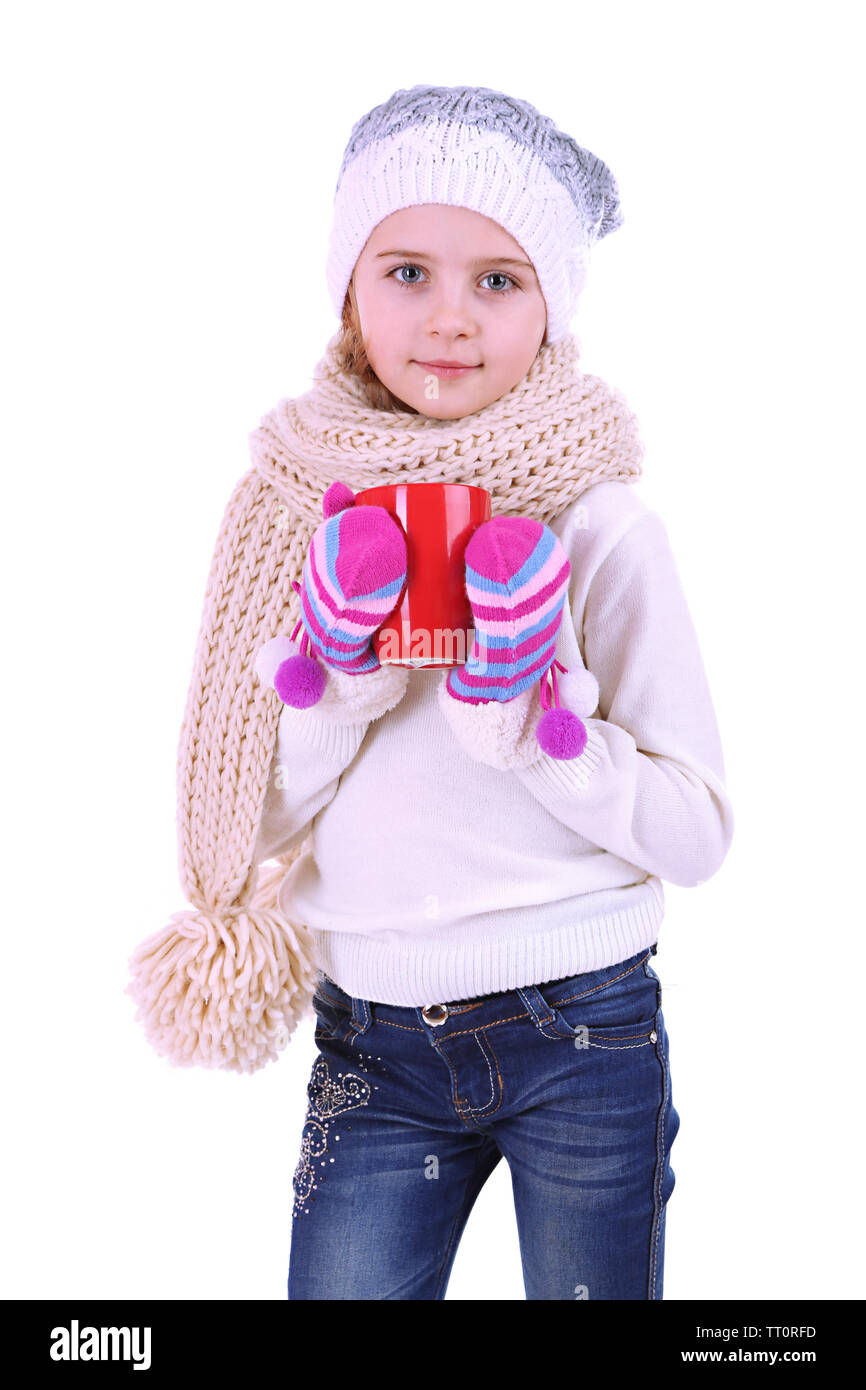 Beautiful little girl holding red cup isolated on white Stock Photo - Alamy