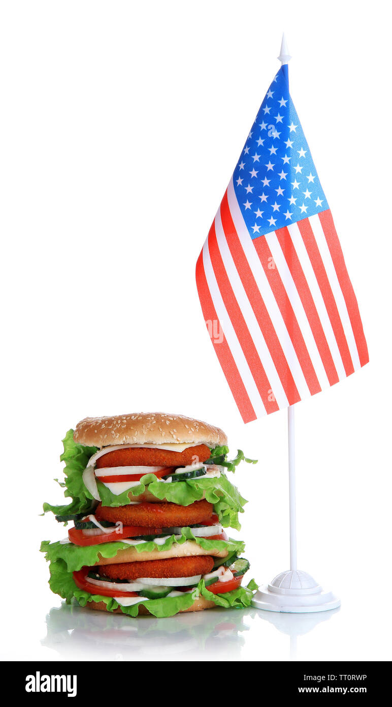 Composition with huge burger and flag, isolated on white Stock Photo ...