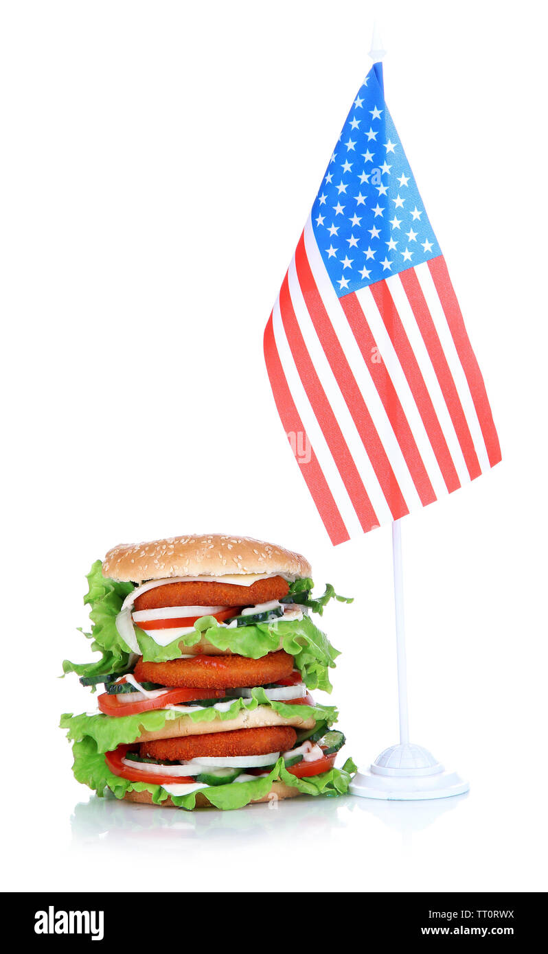 Composition with huge burger and flag, isolated on white Stock Photo ...