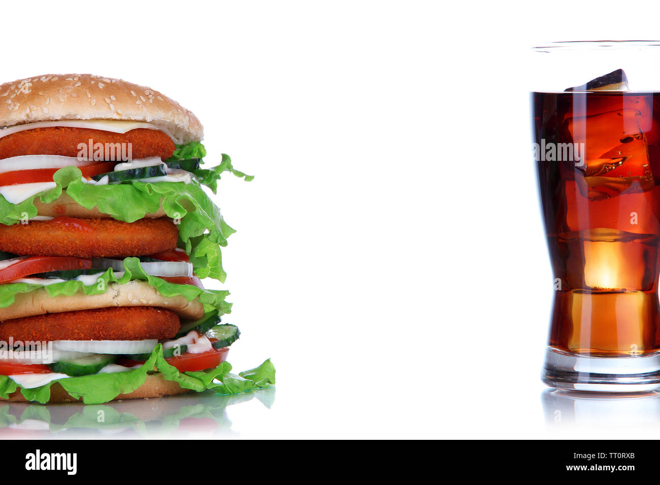 Huge burger and glass of cold drink, isolated on white Stock Photo - Alamy