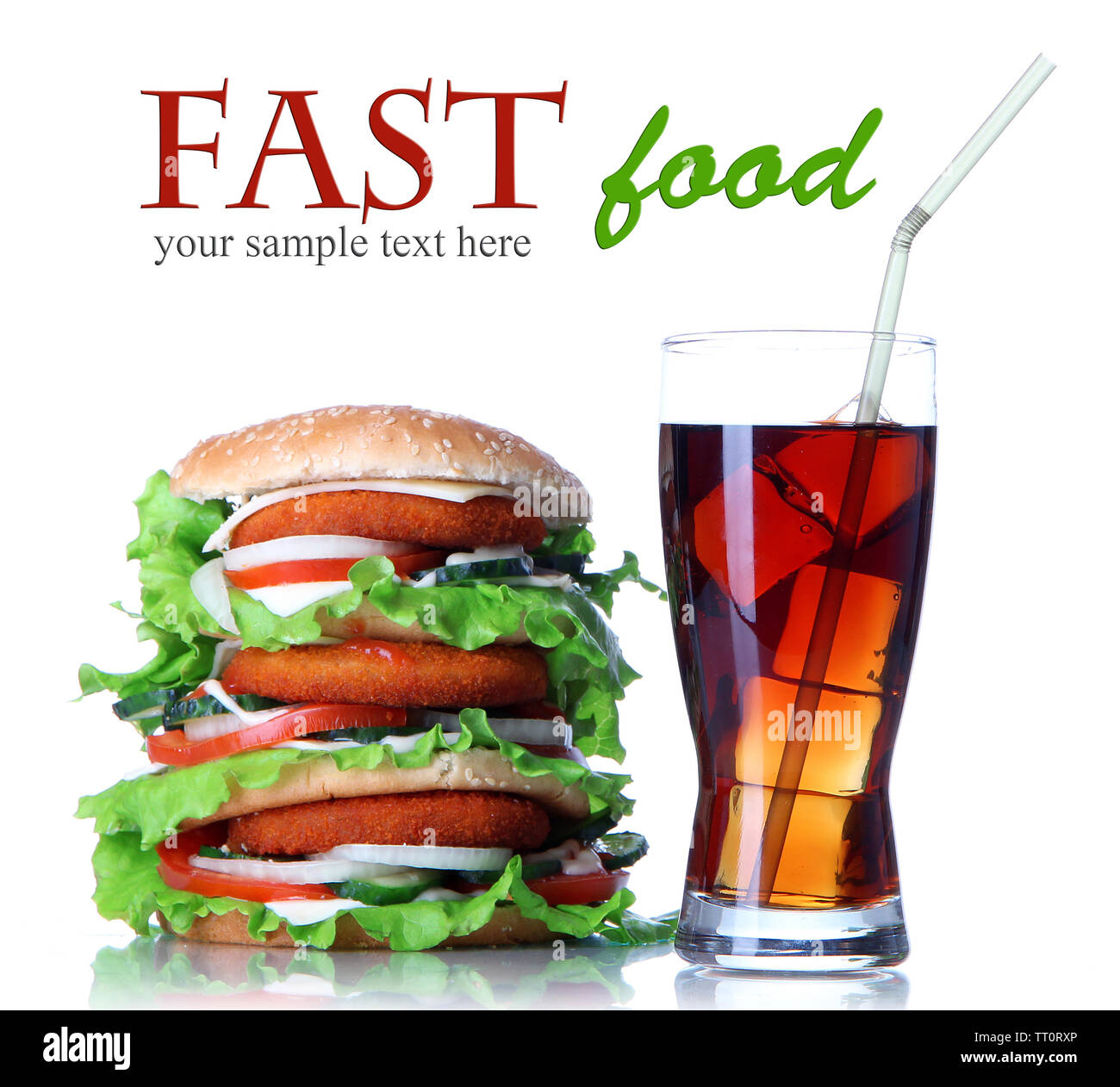 Huge burger and glass of cold drink, isolated on white Stock Photo - Alamy