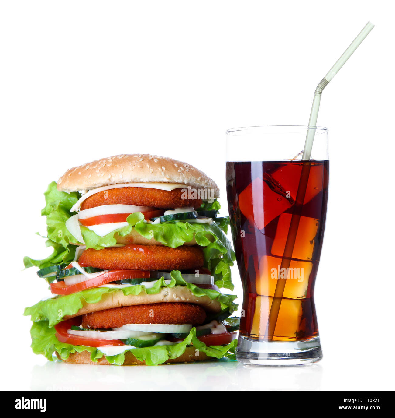 Huge burger and glass of cold drink, isolated on white Stock Photo - Alamy