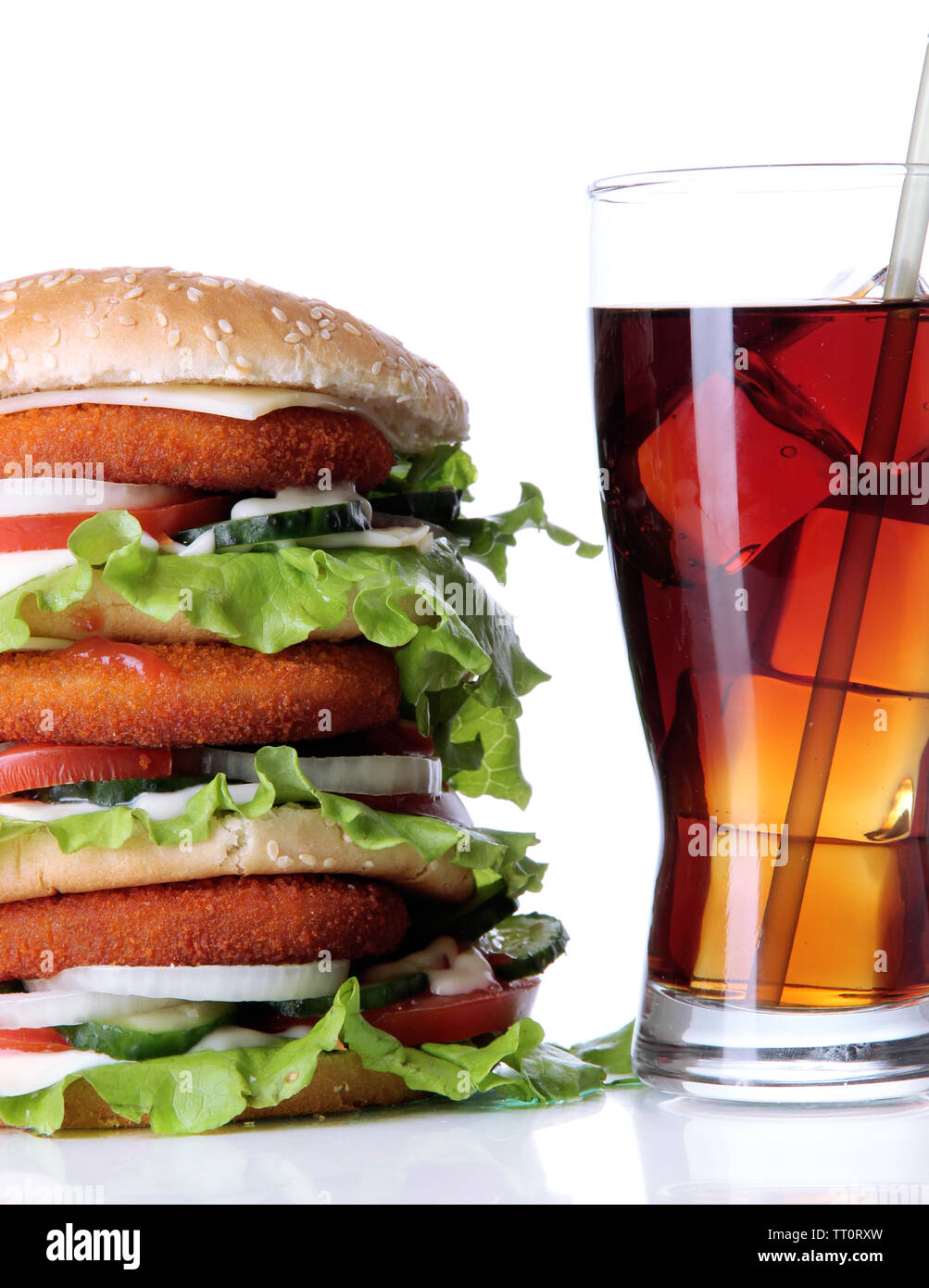 Huge burger and glass of cold drink, isolated on white Stock Photo - Alamy