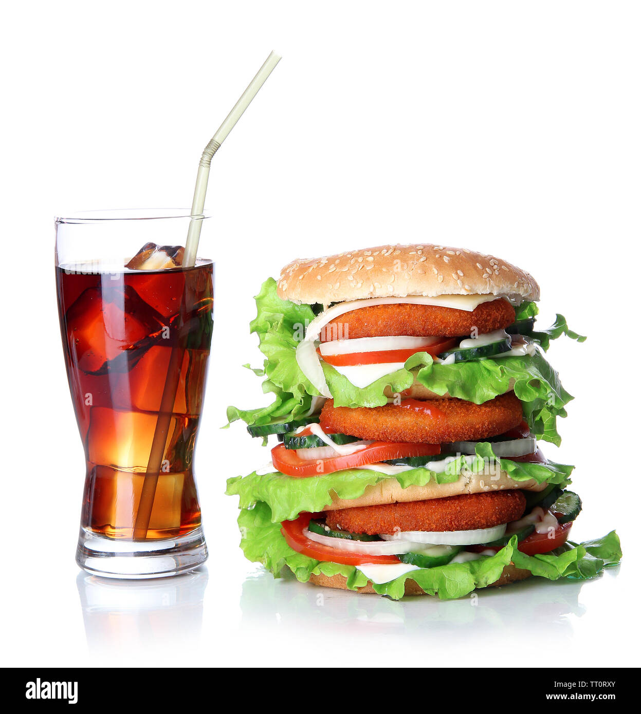 Huge burger and glass of cold drink, isolated on white Stock Photo - Alamy