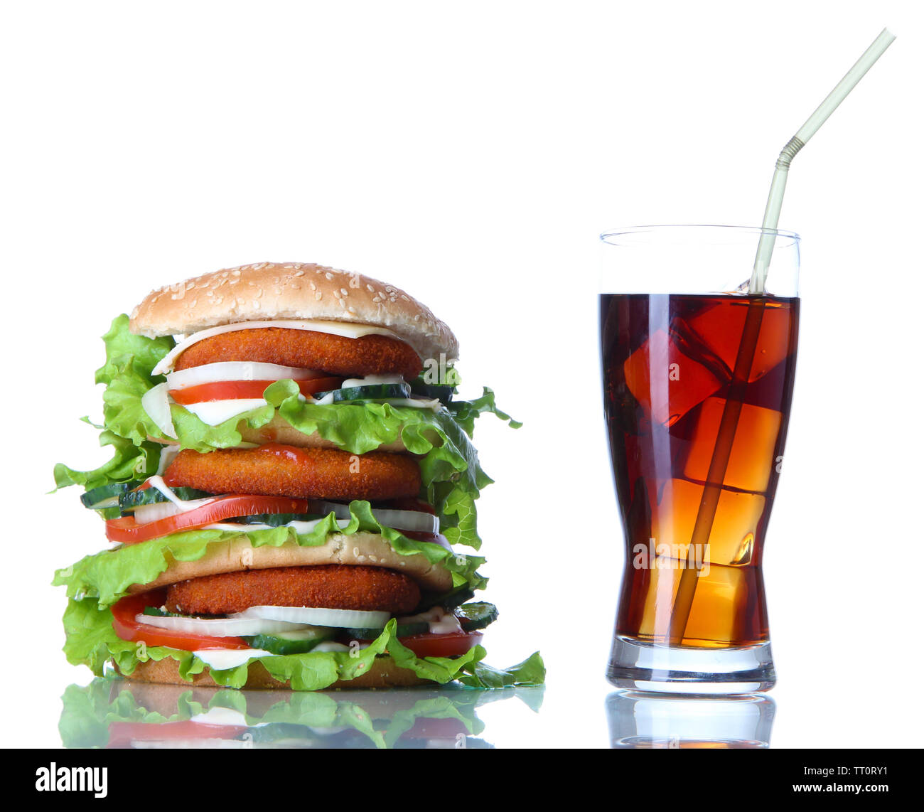 Huge burger and glass of cold drink, isolated on white Stock Photo - Alamy