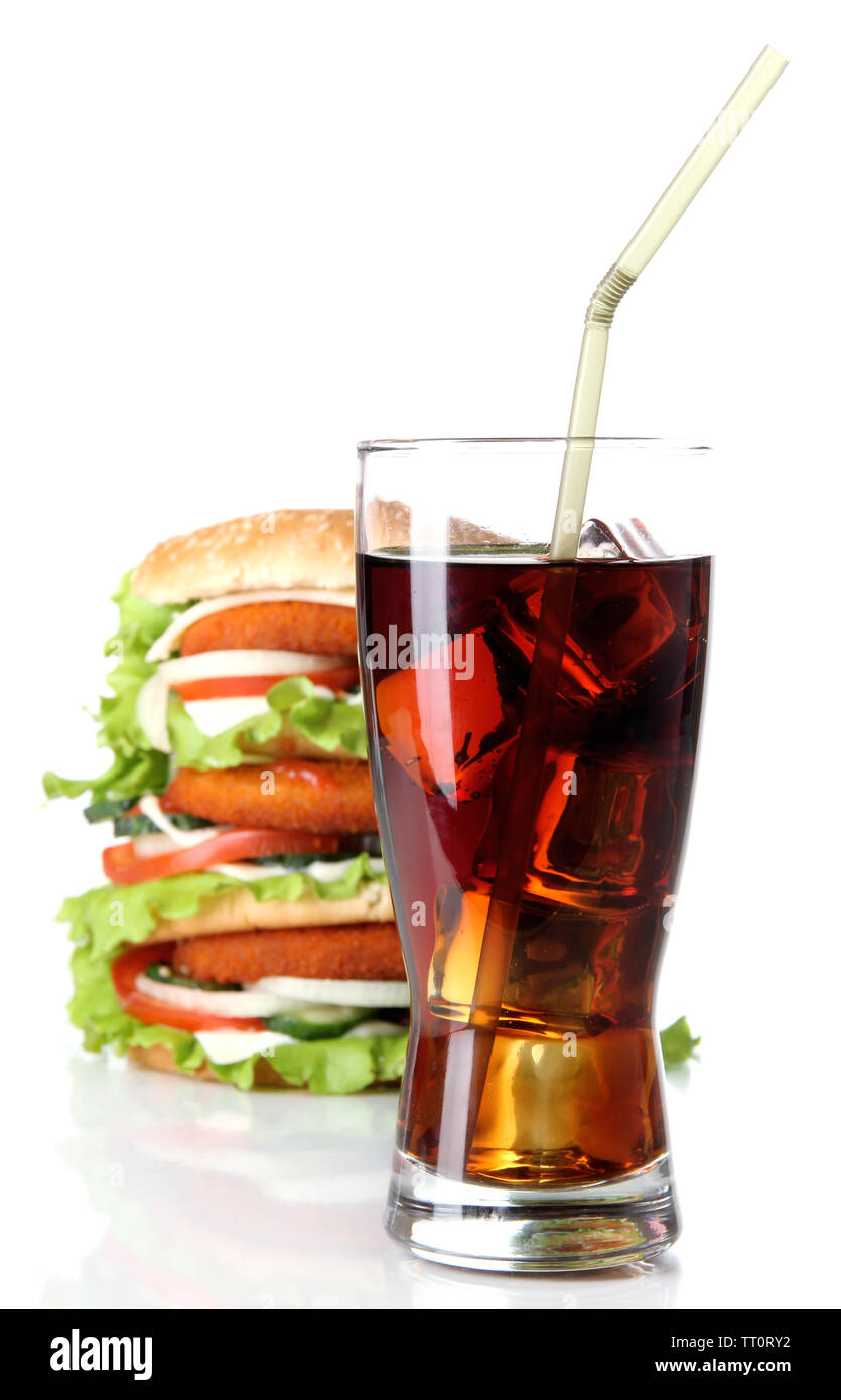 Huge burger and glass of cold drink, isolated on white Stock Photo - Alamy