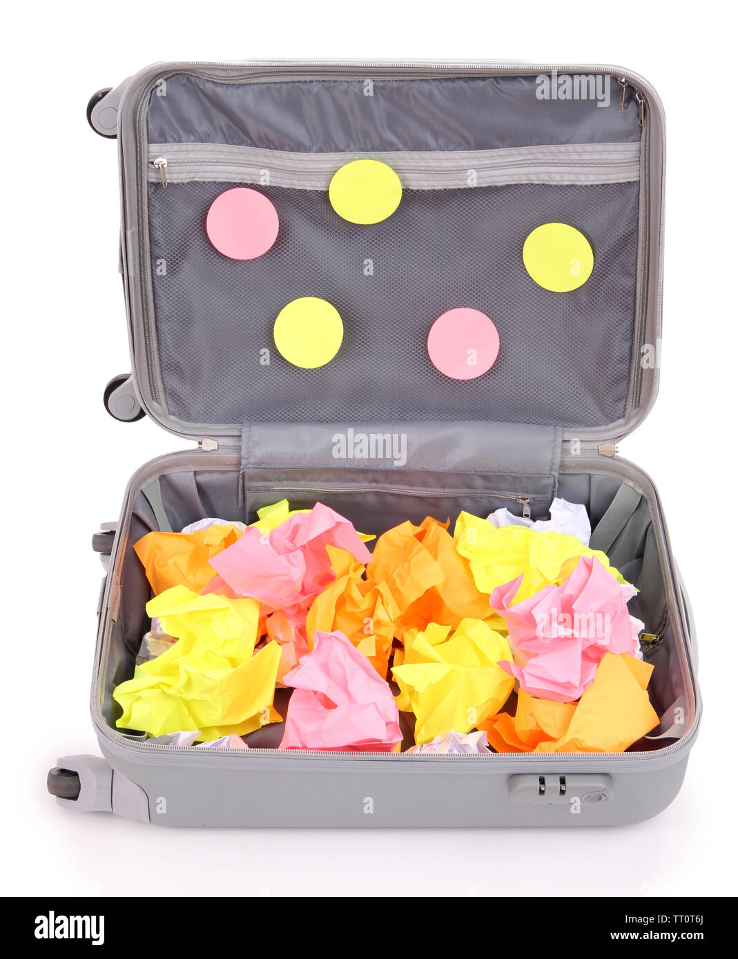 Open suitcase with paper stickers isolated on white Stock Photo - Alamy