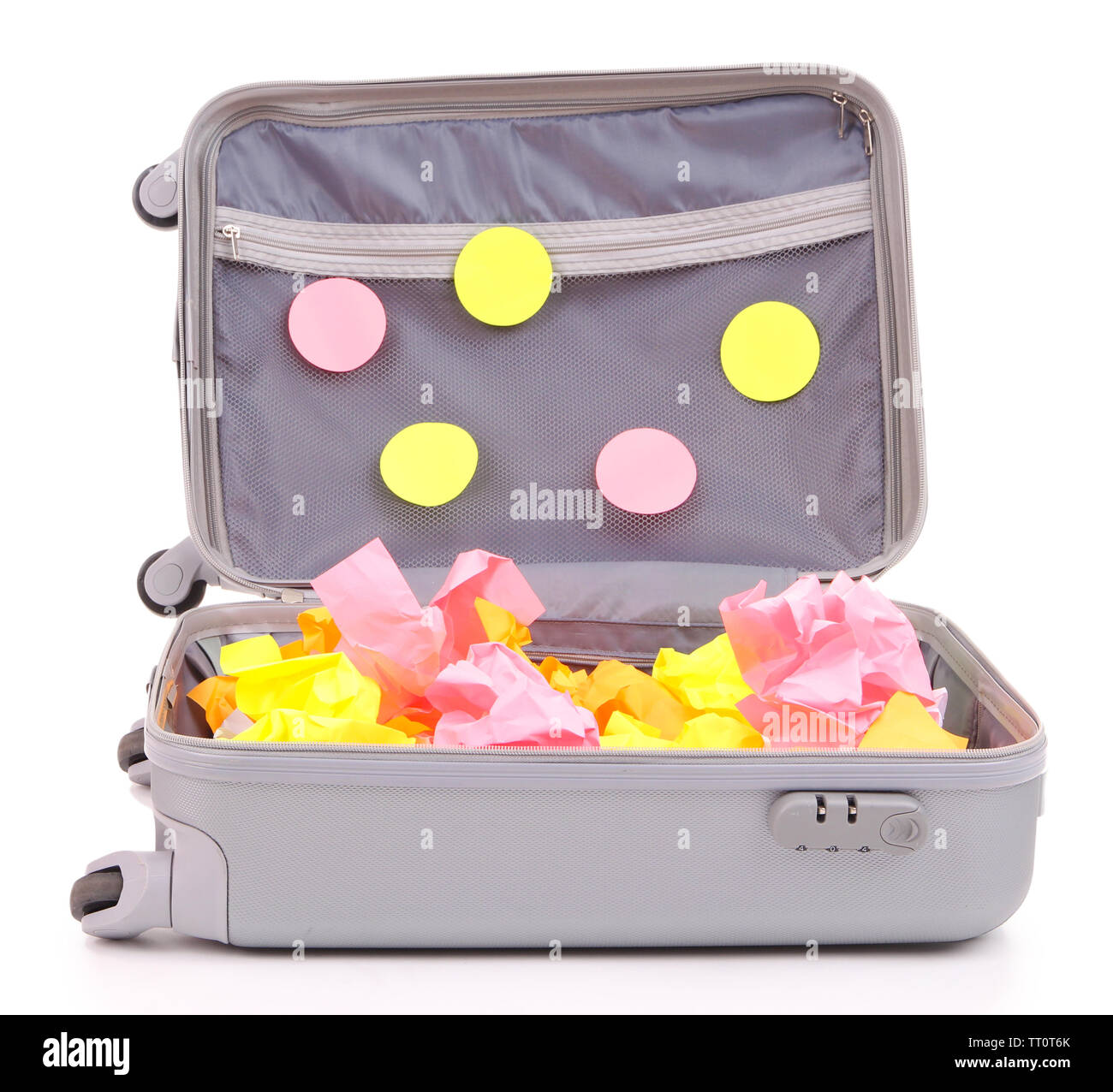 Open suitcase with paper stickers isolated on white Stock Photo - Alamy