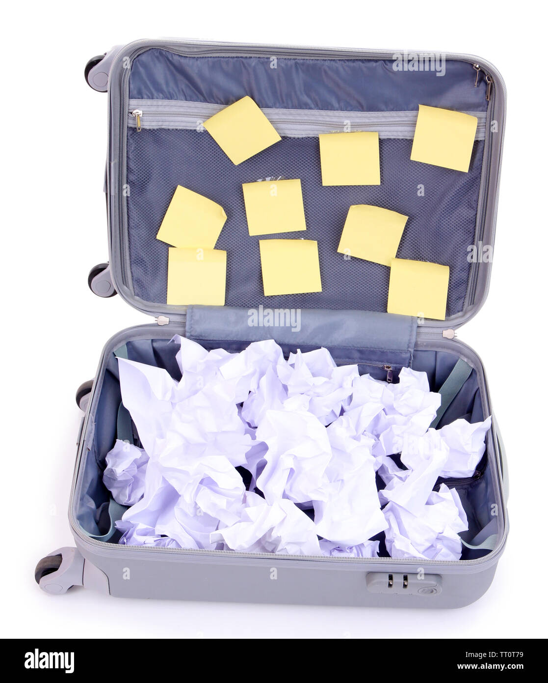 Open suitcase with paper stickers isolated on white Stock Photo - Alamy
