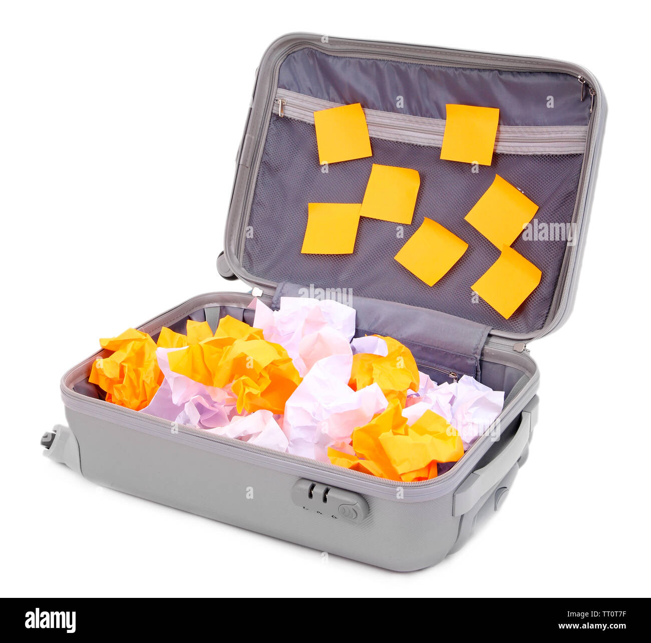 Open suitcase with paper stickers isolated on white Stock Photo - Alamy