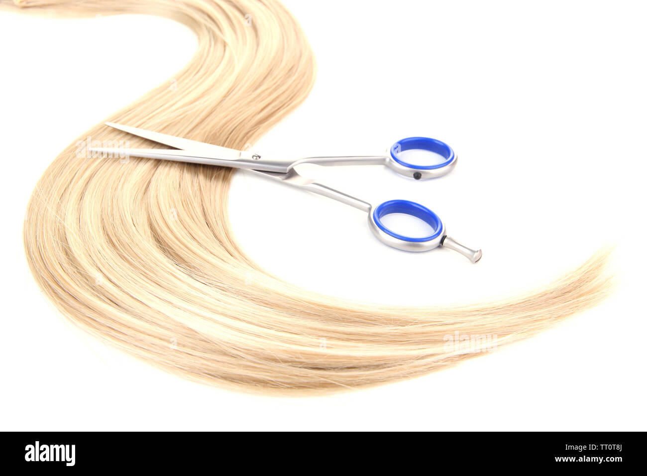 Long blond hair and scissors isolated on white Stock Photo - Alamy