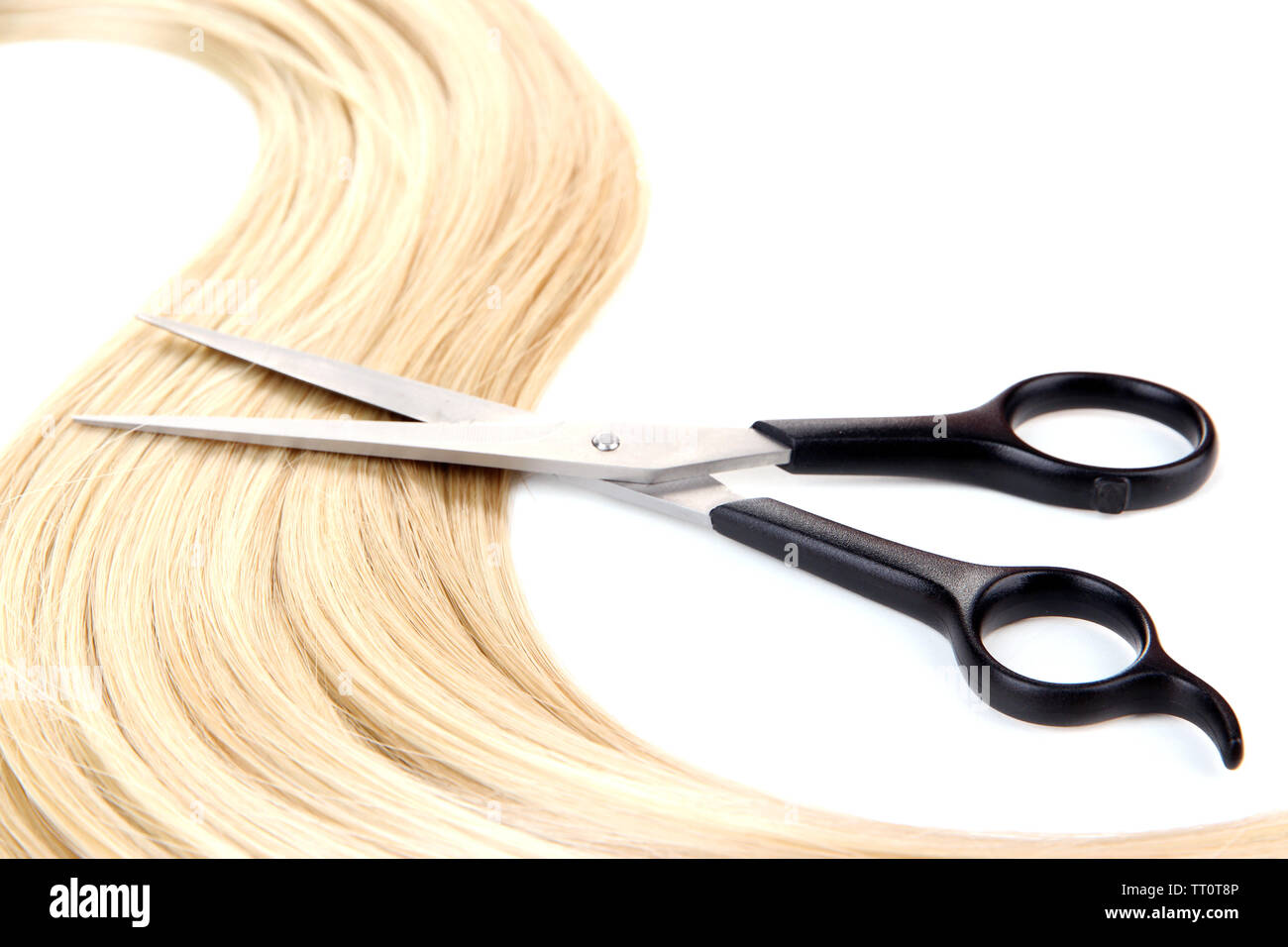 Long blond hair and scissors isolated on white Stock Photo - Alamy