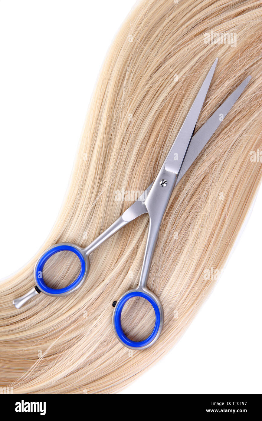 Long blond hair and scissors isolated on white Stock Photo - Alamy