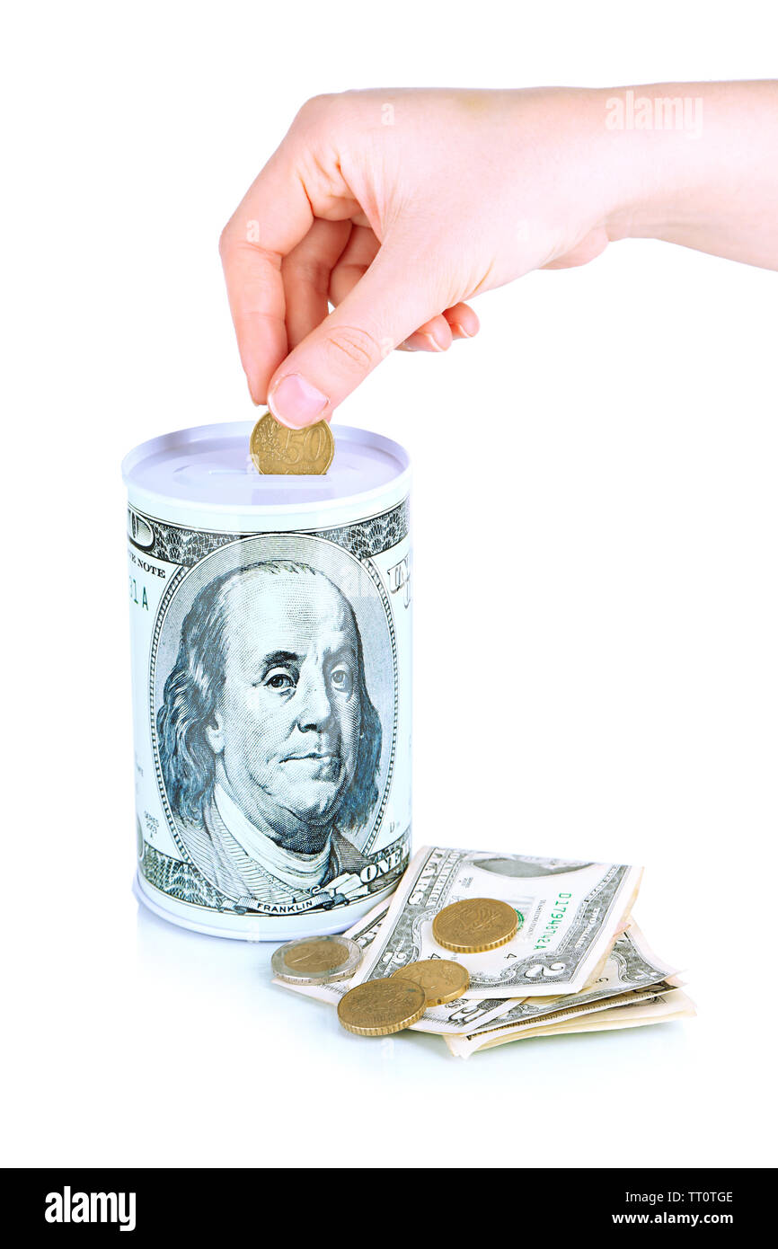 Coin money box hand not piggy bank Cut Out Stock Images & Pictures - Alamy