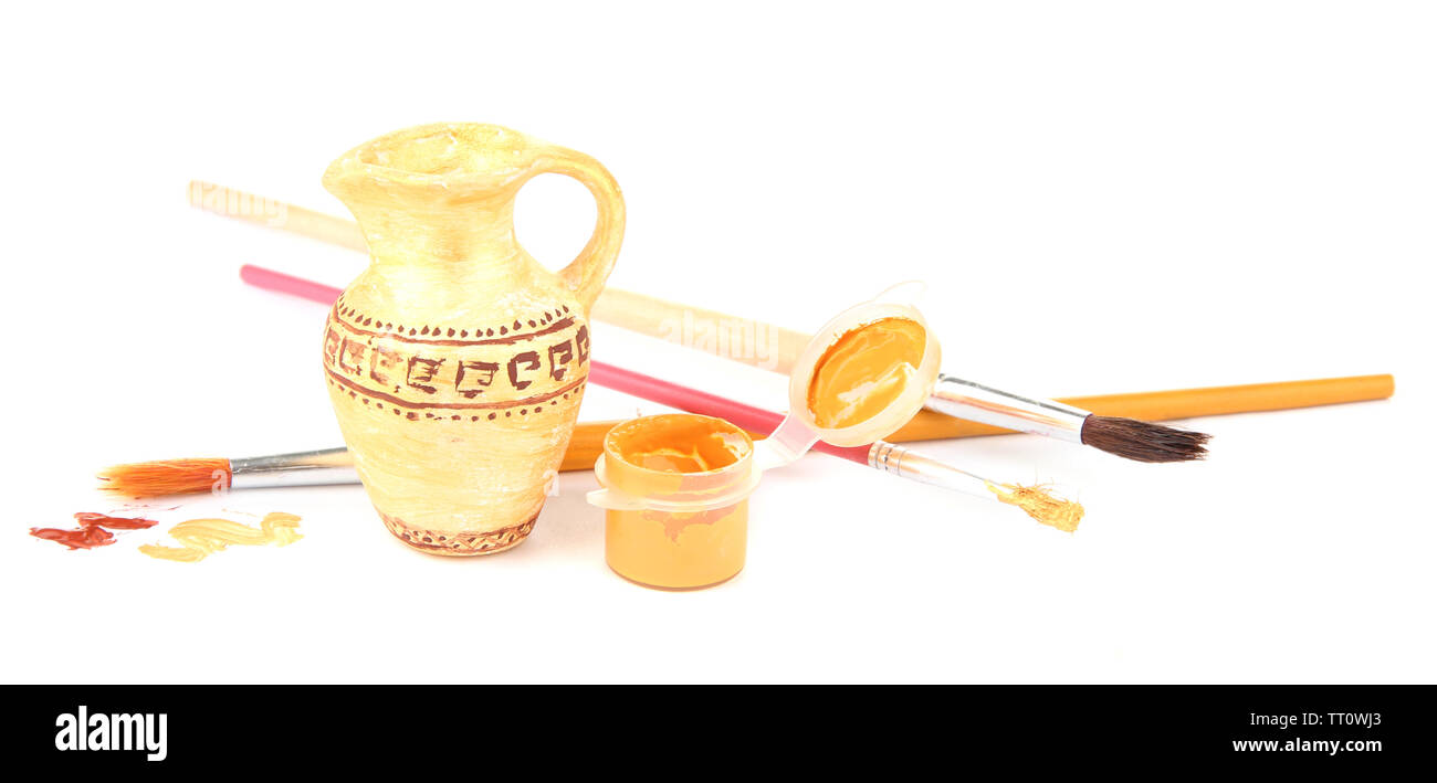 Hand made ceramic amphora and color paints isolated on white Stock ...