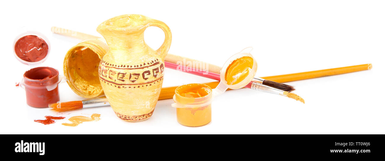 Hand made ceramic amphora and color paints isolated on white Stock ...