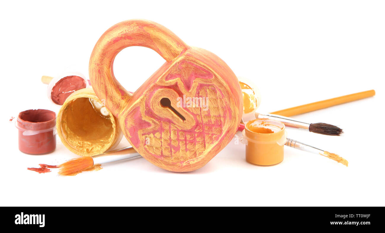 Hand made ceramic castle and color paints isolated on white Stock Photo ...