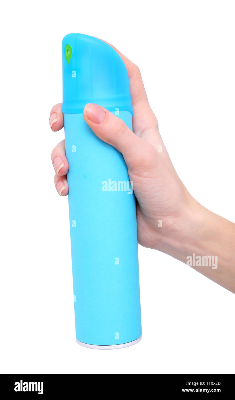 Sprayed air freshener in hand close-up Stock Photo - Alamy