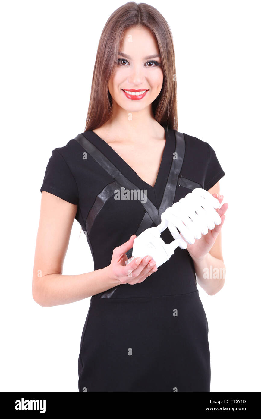 Beautiful young woman holding lamp isolated on white Stock Photo - Alamy