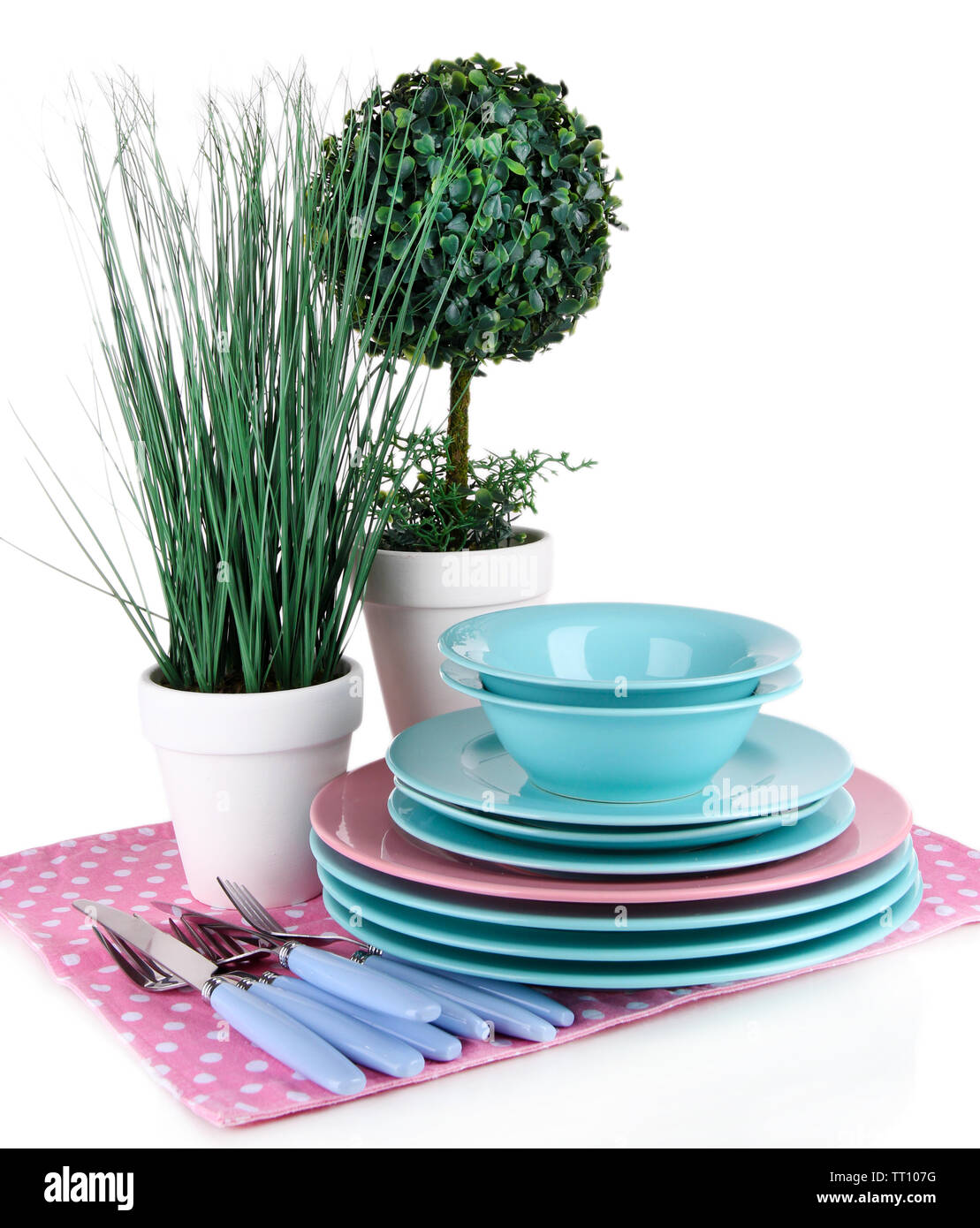 Clean dishes with flowers isolated on white Stock Photo - Alamy