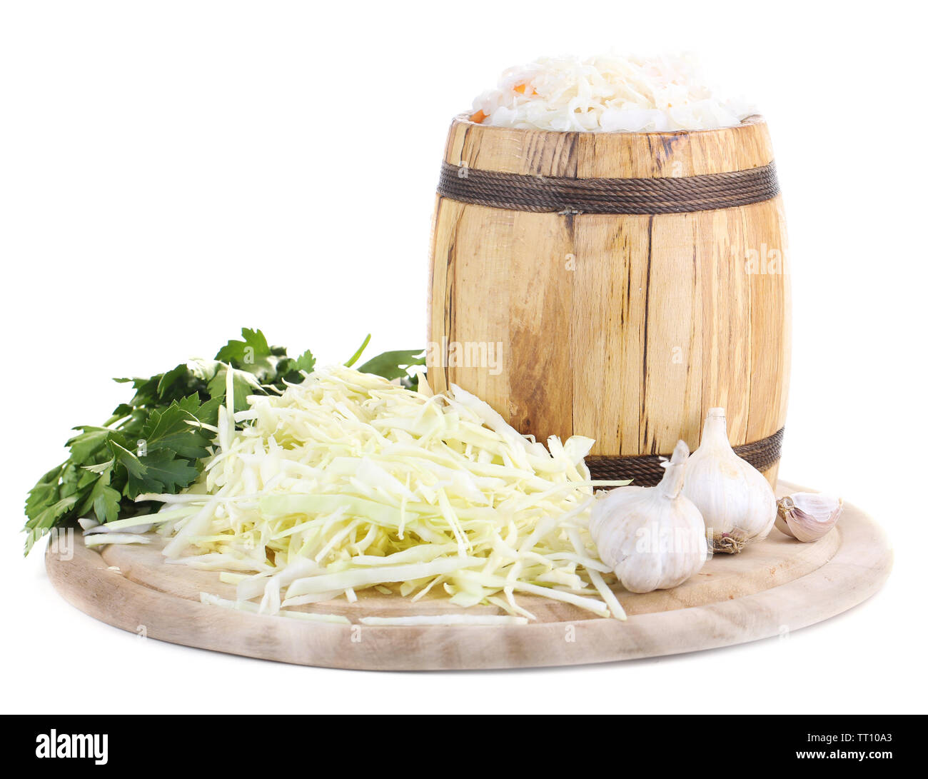 Marinated cabbage (sauerkraut), in wooden barrel, isolated on white ...