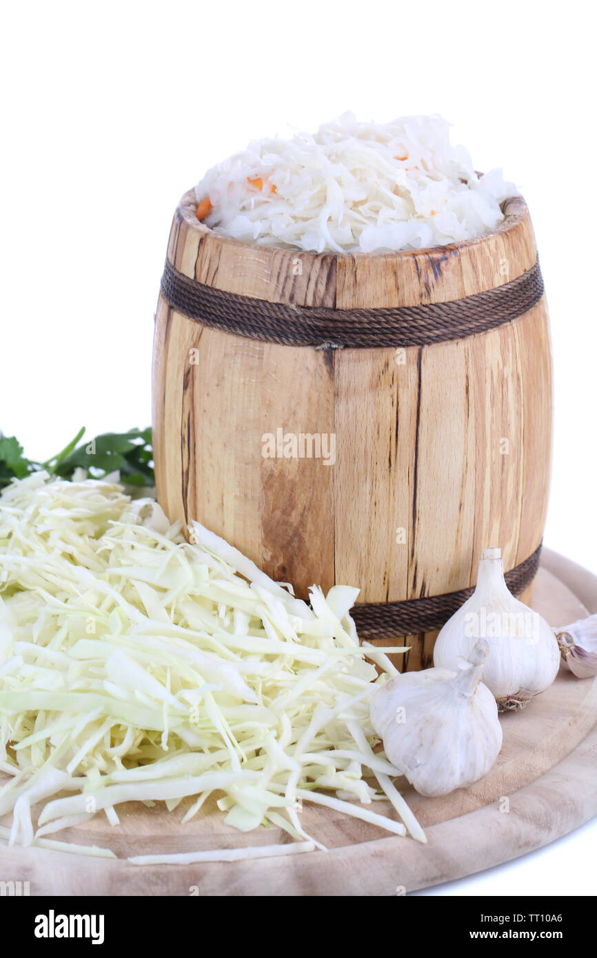 Marinated cabbage (sauerkraut), in wooden barrel, isolated on white ...