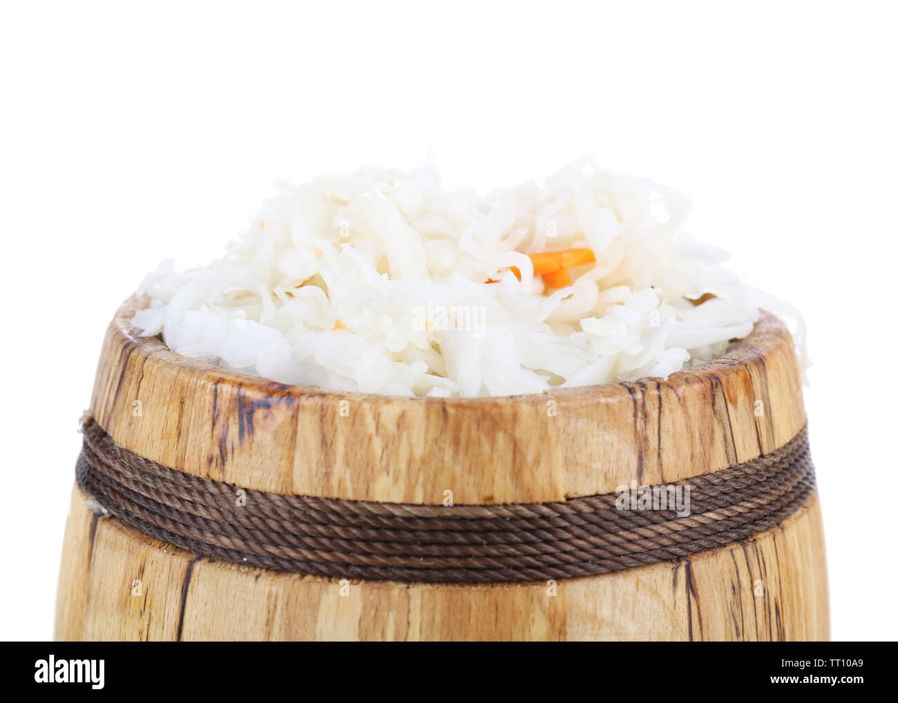 Marinated cabbage (sauerkraut), in wooden barrel, isolated on white ...