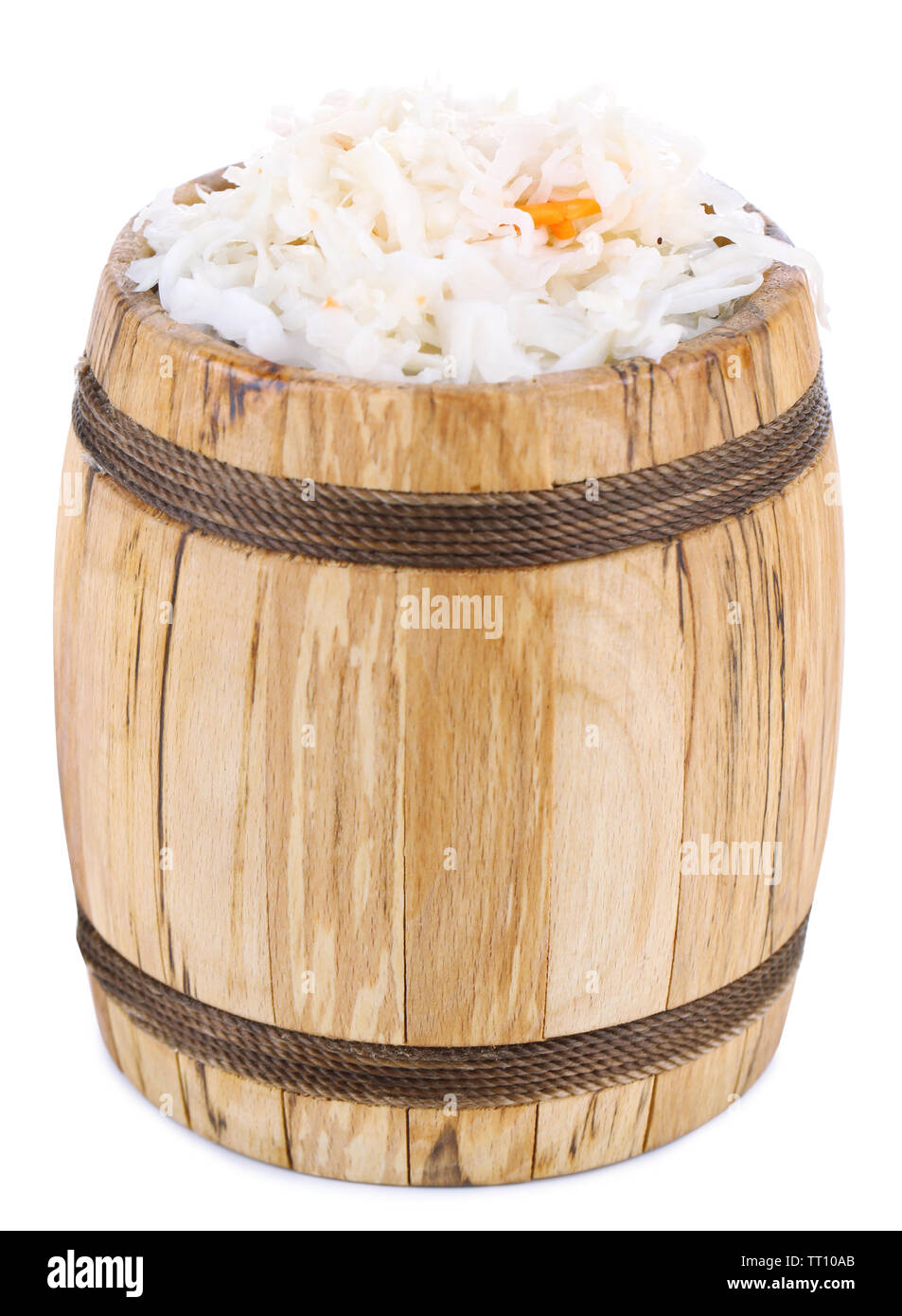 Marinated cabbage (sauerkraut), in wooden barrel, isolated on white ...