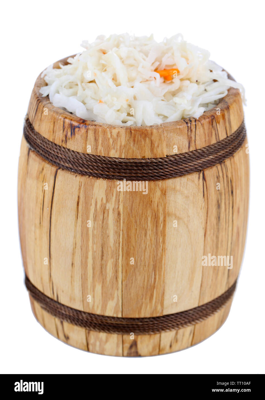 Marinated cabbage (sauerkraut), in wooden barrel, isolated on white ...