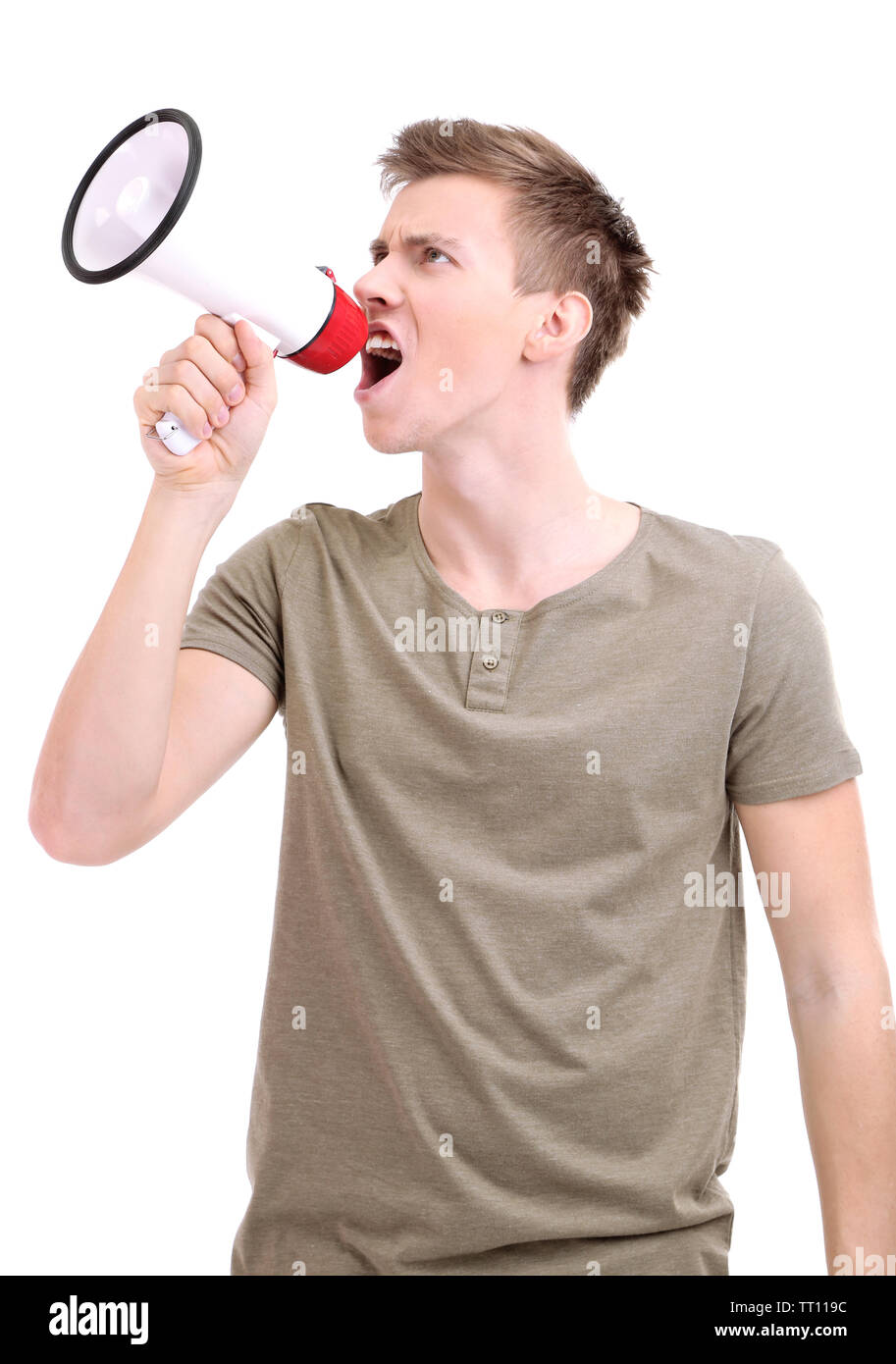 Portrait of young man handsome shouting using megaphone , isolated on ...