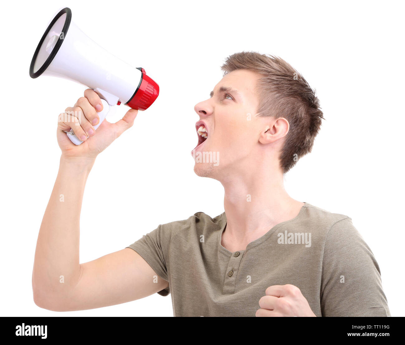 Portrait of young man handsome shouting using megaphone , isolated on ...