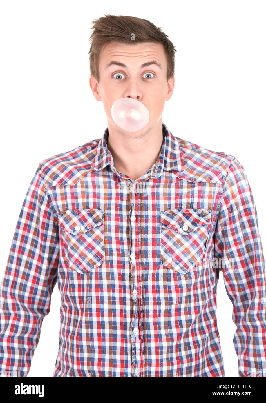 Young man blowing bubble of chewing gum isolated on white Stock Photo ...