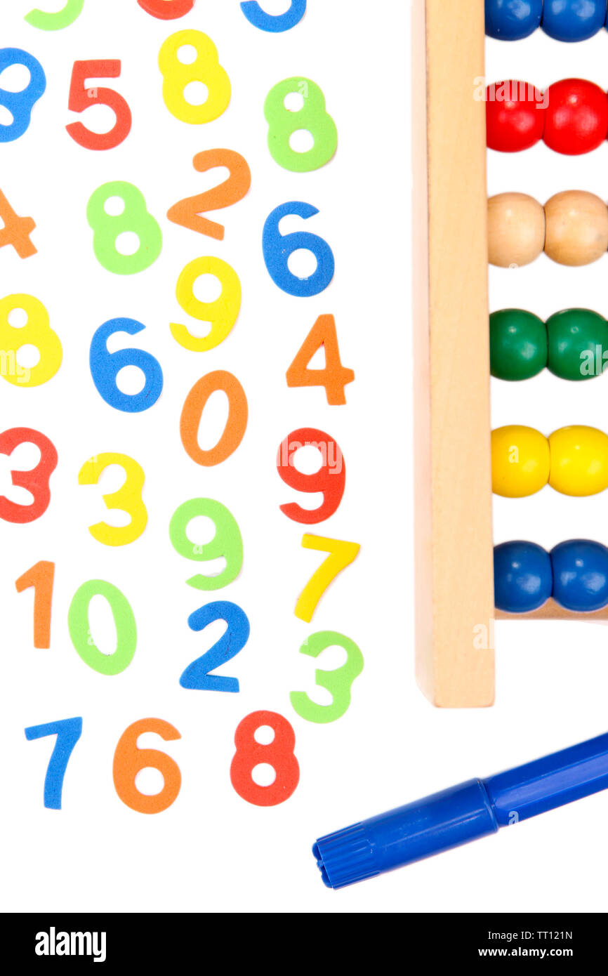 Colorful numbers, markers and abacus, isolated on white Stock Photo - Alamy