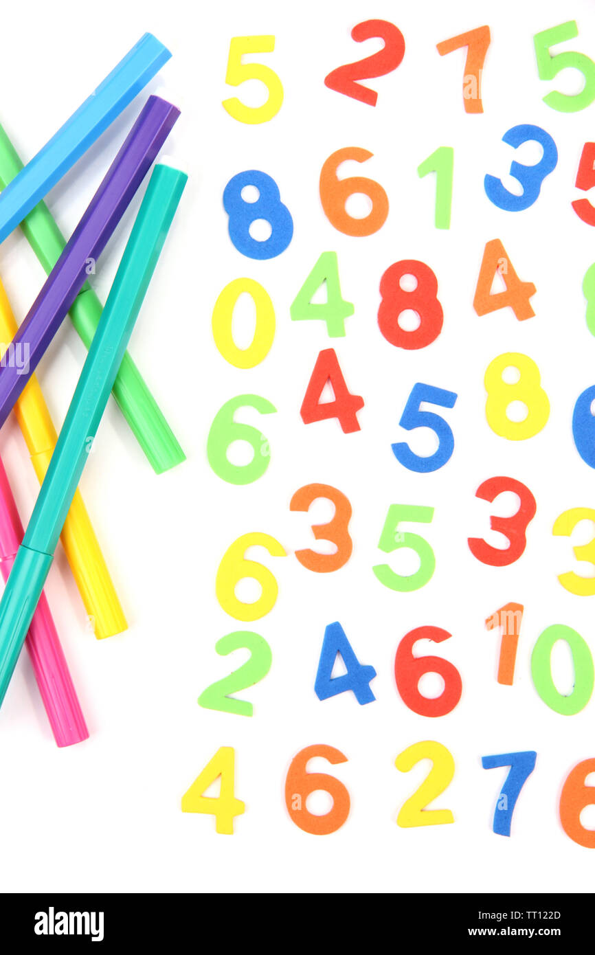 Colorful numbers and markers, isolated on white Stock Photo - Alamy