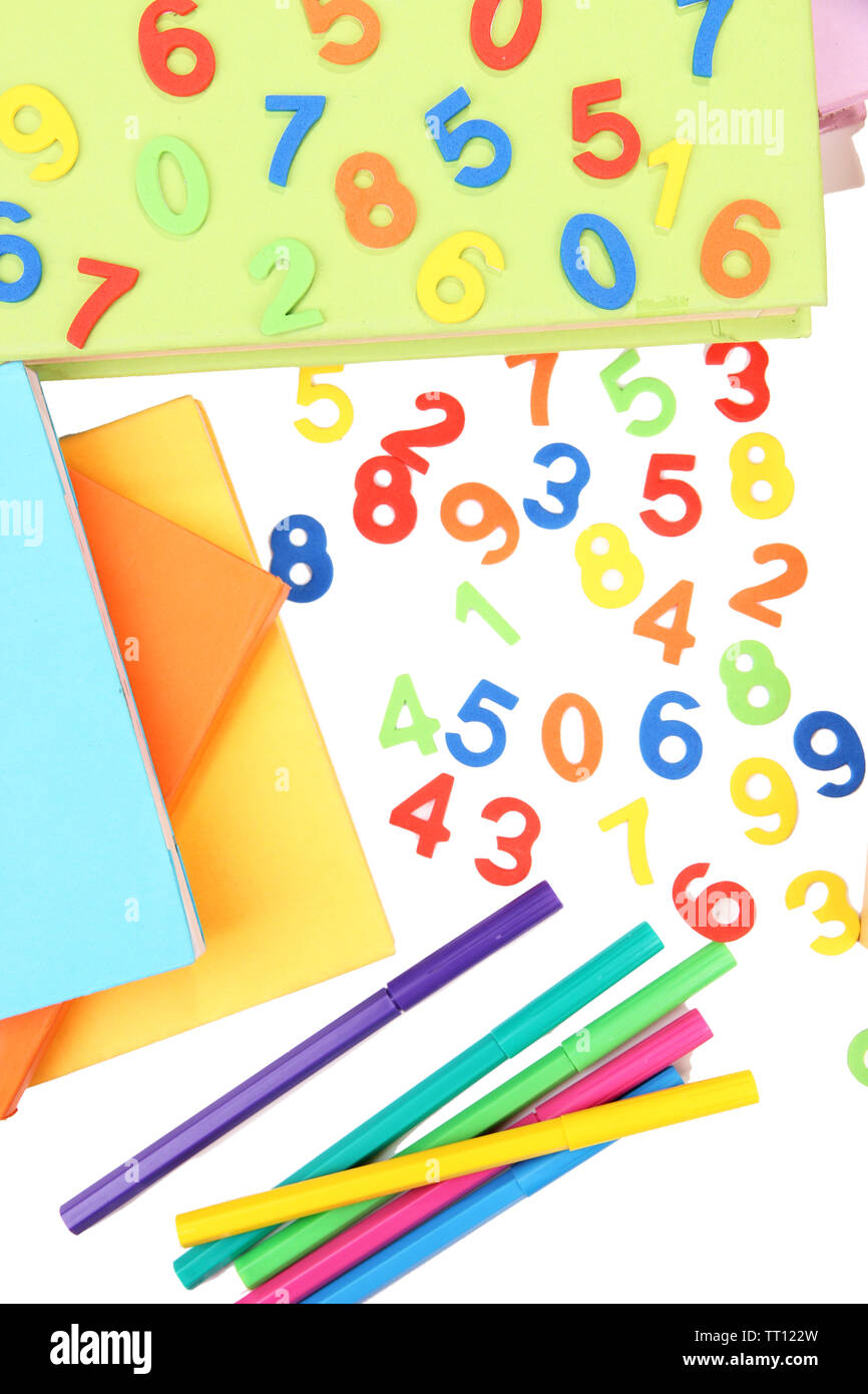 Colorful numbers, abacus, books and markers, isolated on white Stock ...